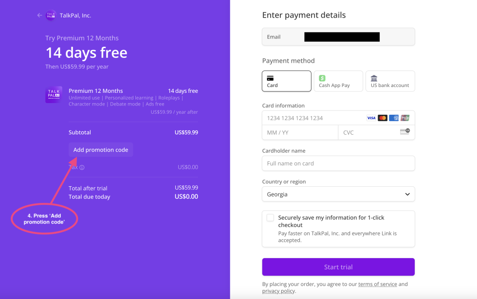 Instructions for Adding Coupon Code in Stripe Checkout - TalkPal